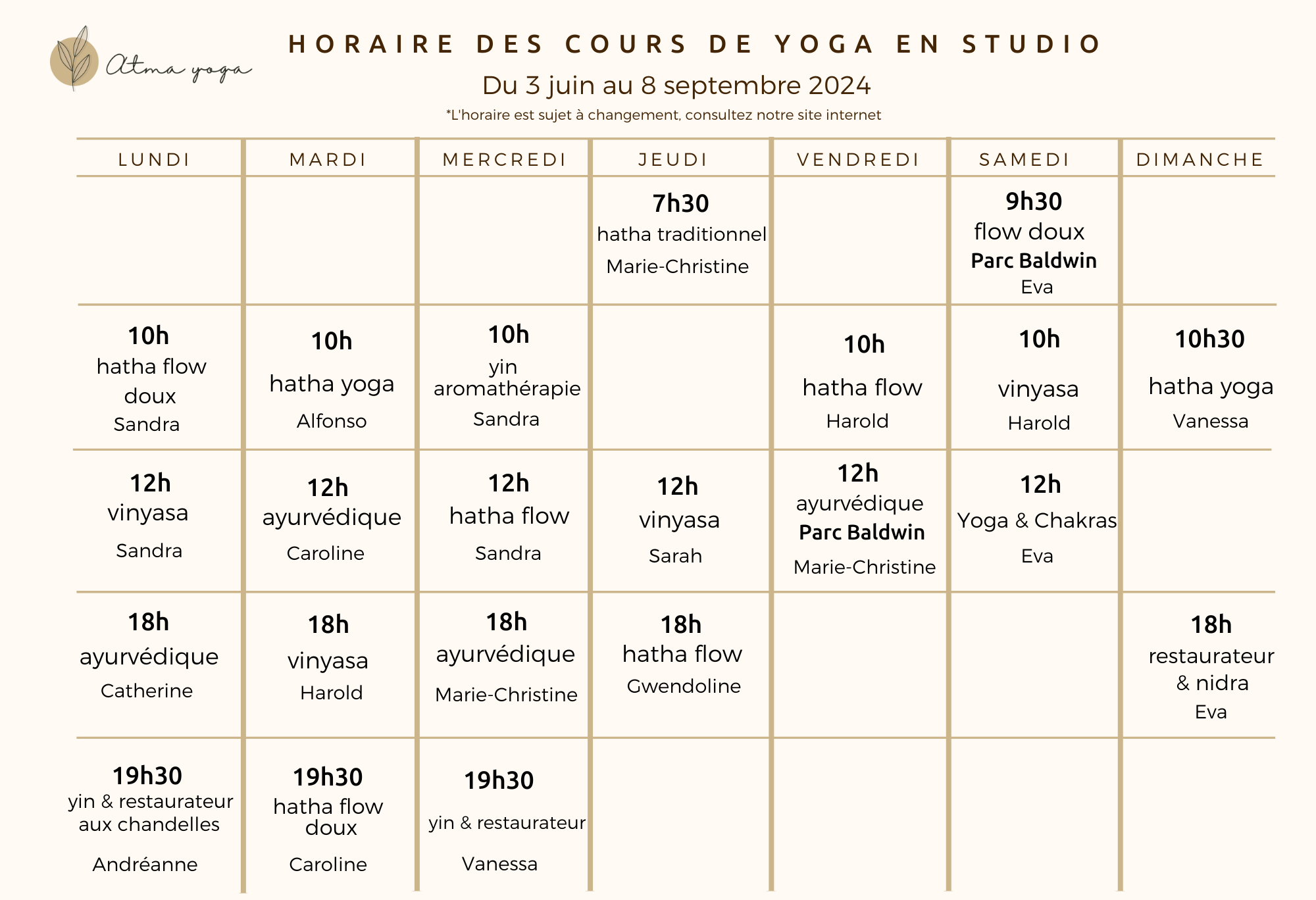 Horaire cours en studio | Atma Yoga Montréal